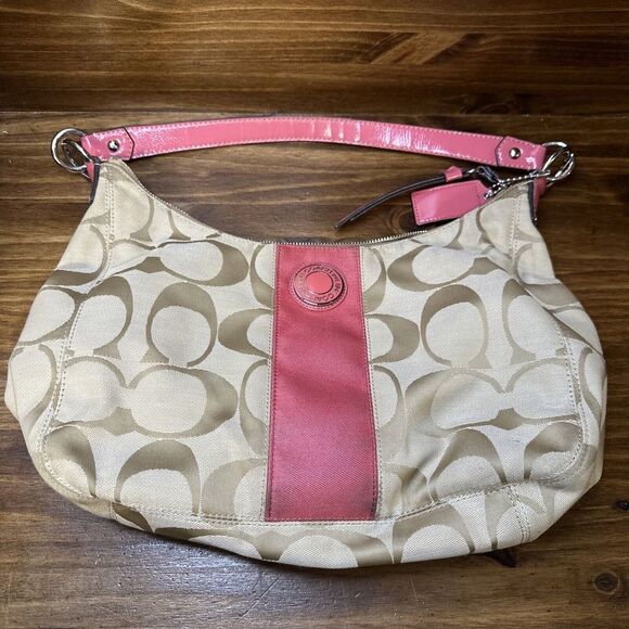 Coach | Bags | Coach Signature Hobo Purse Berry Pink Khaki Monogram ...